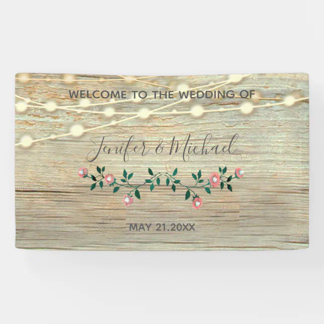 Rustic elegant wooden string lights roses banner | Zazzle