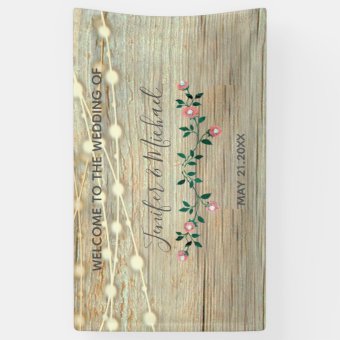 Rustic elegant wooden string lights roses banner | Zazzle