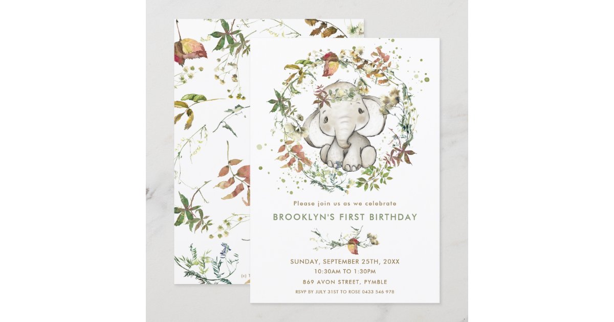 Rustic Elephant Fall Leafy Gender Neutral Birthday Invitation | Zazzle