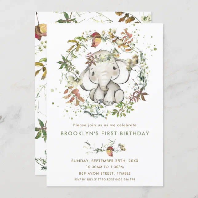 Rustic Elephant Fall Leafy Gender Neutral Birthday Invitation | Zazzle