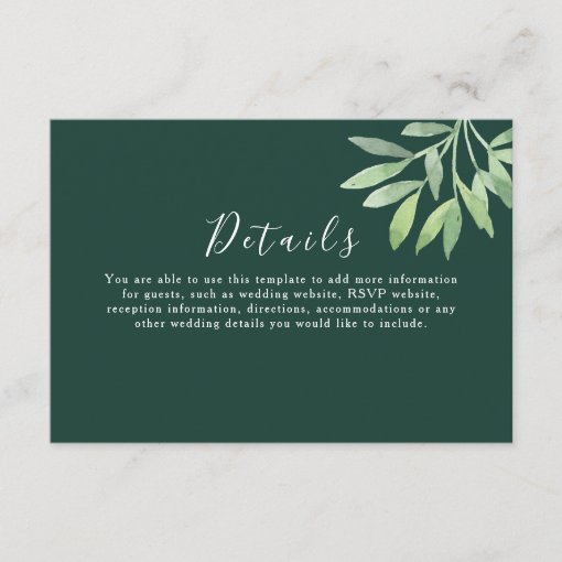 Rustic Emerald Green Wedding Details Enclosure Card | Zazzle