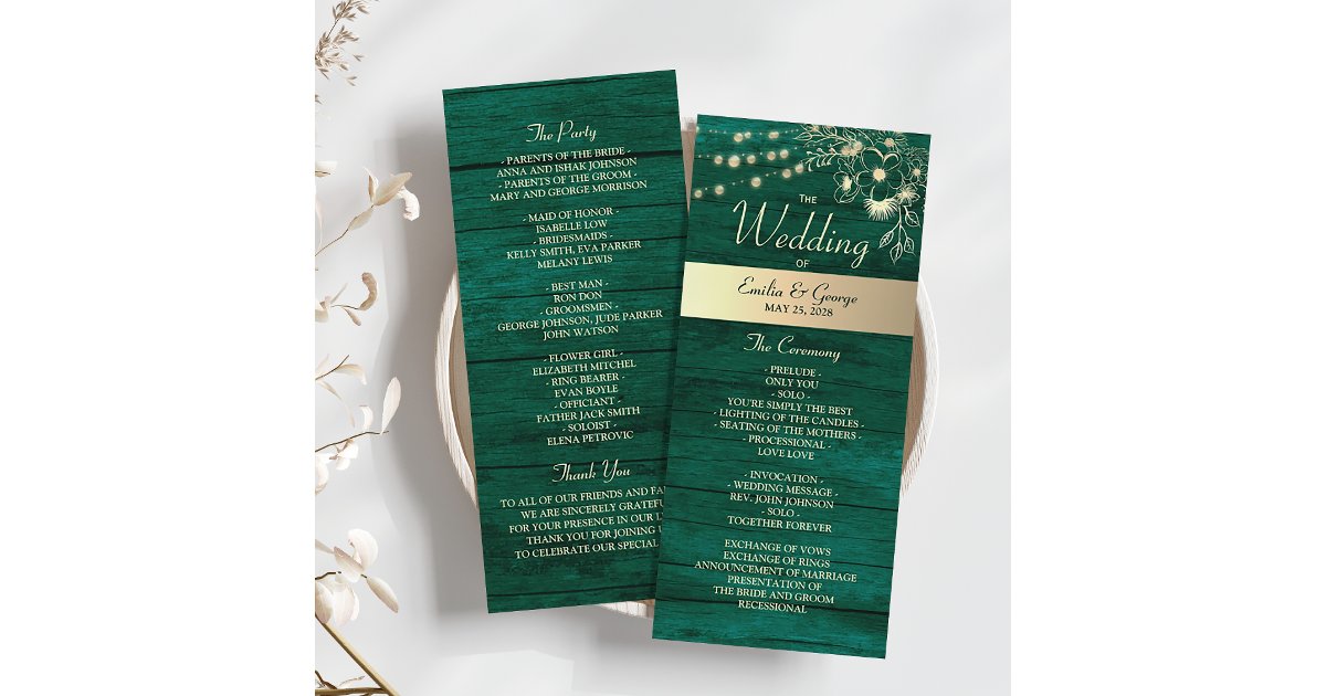 Rustic Emerald Green Wedding Program | Zazzle