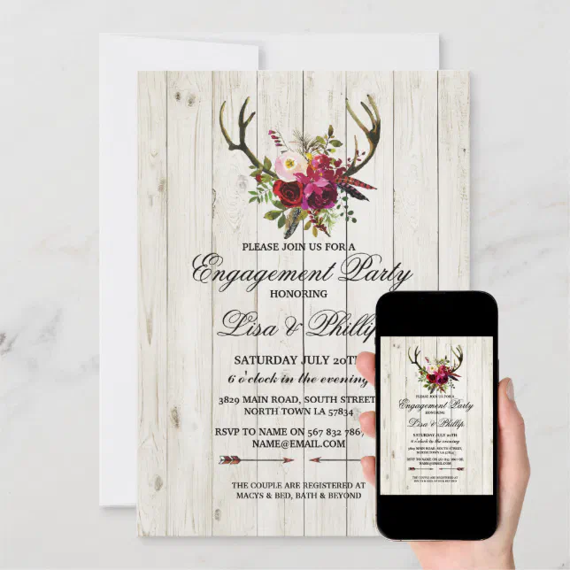 Rustic Engagement Party Shower Antlers Stag Invite | Zazzle