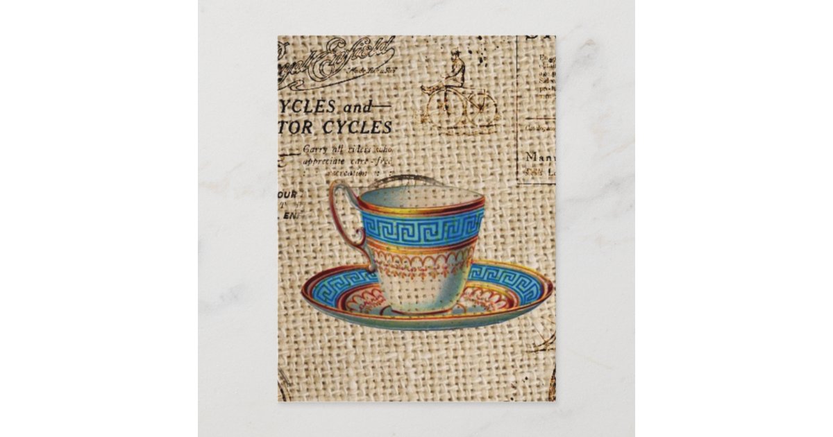 Rustic english country tea party blue teacup invitation postcard | Zazzle