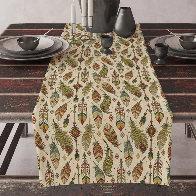Rustic Ethnic Table Runner Arrows and Feathers | Zazzle