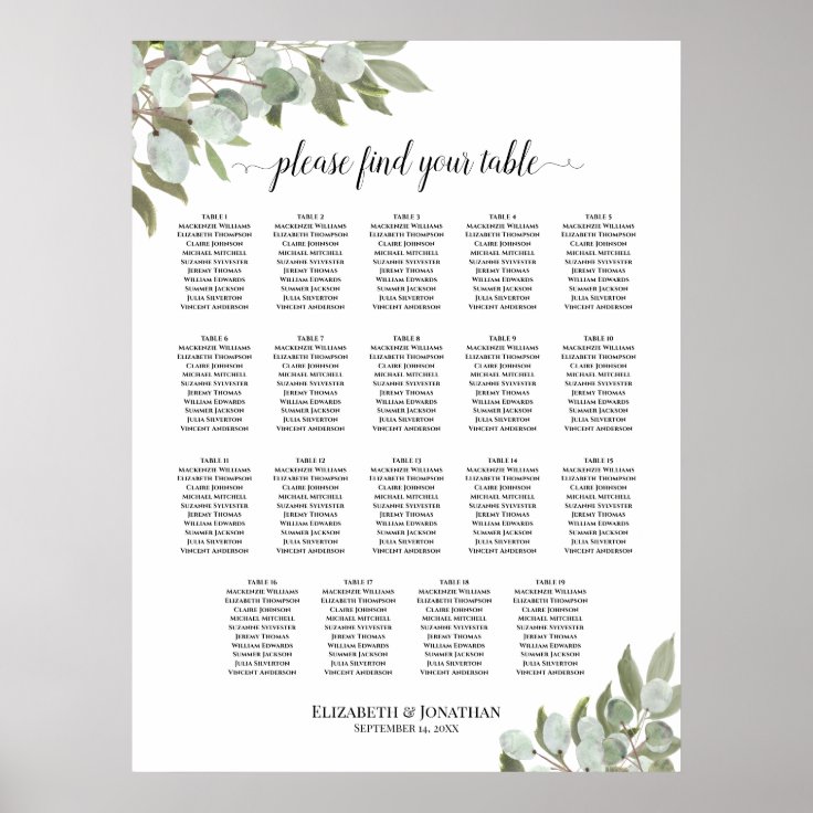 Rustic Eucalyptus 19 Table Wedding Seating Chart | Zazzle