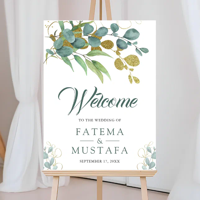 Rustic Eucalyptus Gold Branch Wedding Welcome Sign | Zazzle