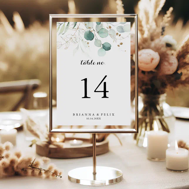 Rustic Eucalyptus Gold Floral Calligraphy Wedding Table Number | Zazzle