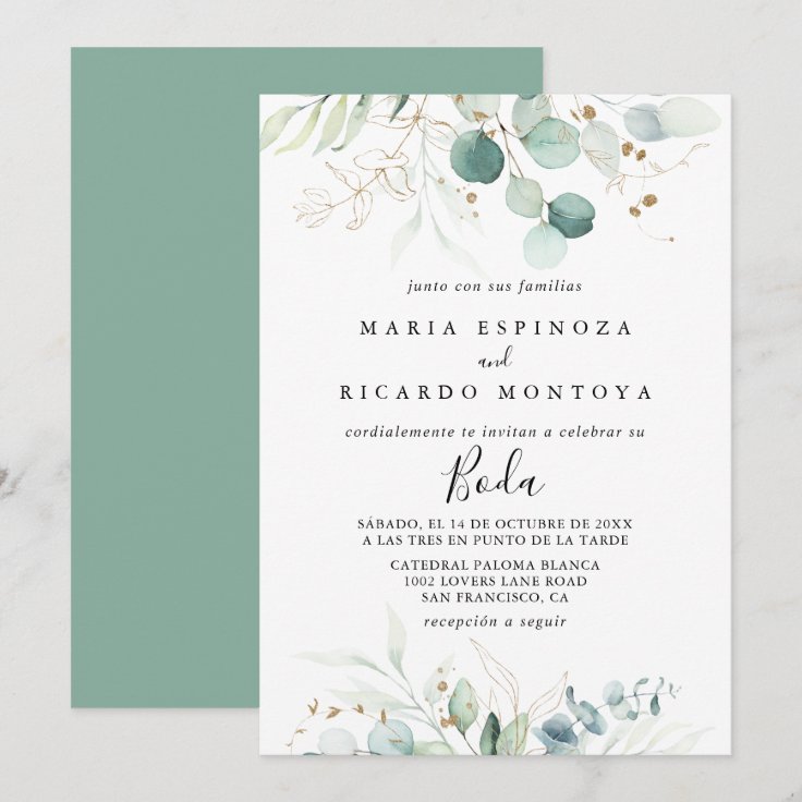 Rustic Eucalyptus Gold Floral Spanish Wedding Invitation | Zazzle