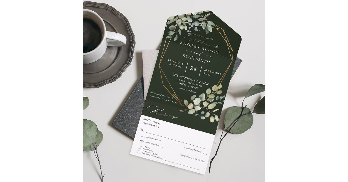 Rustic Eucalyptus & Gold Frame Wedding - Green All In One Invitation ...