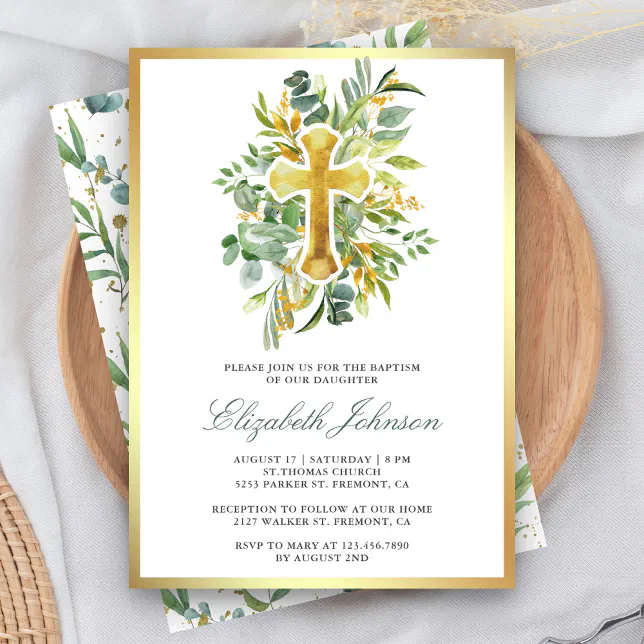 Rustic Eucalyptus Gold Greenery Baptism Invitation | Zazzle