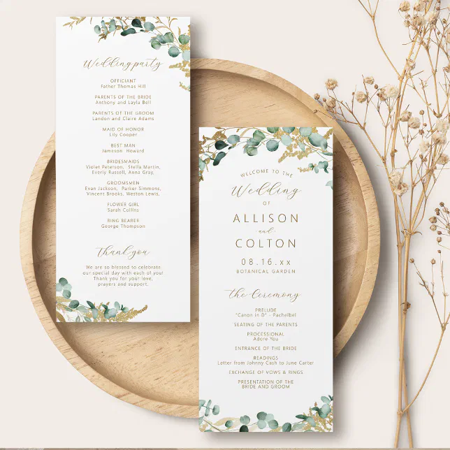 Rustic eucalyptus gold greenery boho wedding program | Zazzle