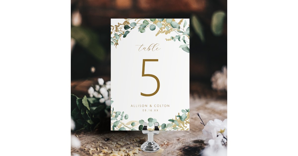 Rustic eucalyptus gold greenery boho wedding table number | Zazzle