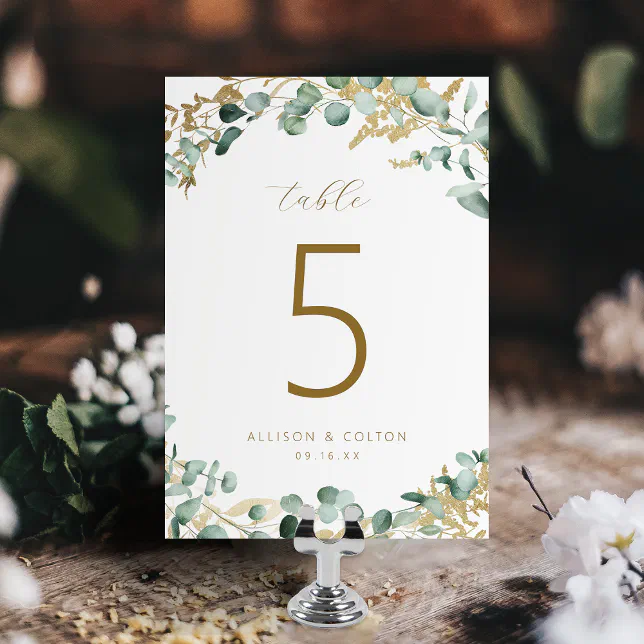 Rustic eucalyptus gold greenery boho wedding table number | Zazzle