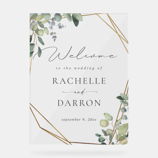 Rustic Eucalyptus & Gold Wedding Welcome Acrylic Sign | Zazzle