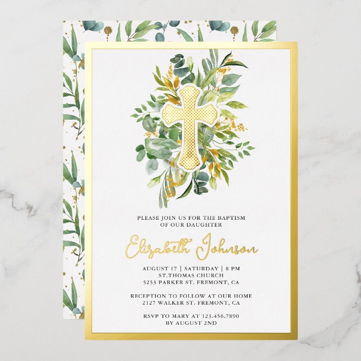 Rustic Eucalyptus Greenery Baptism Gold Foil Invitation | Zazzle
