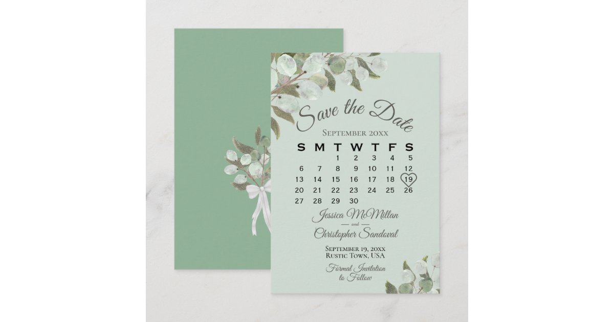 Rustic Eucalyptus Greenery Calendar Mint Wedding Save The Date | Zazzle