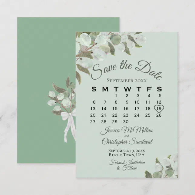 Rustic Eucalyptus Greenery Calendar Mint Wedding Save The Date | Zazzle