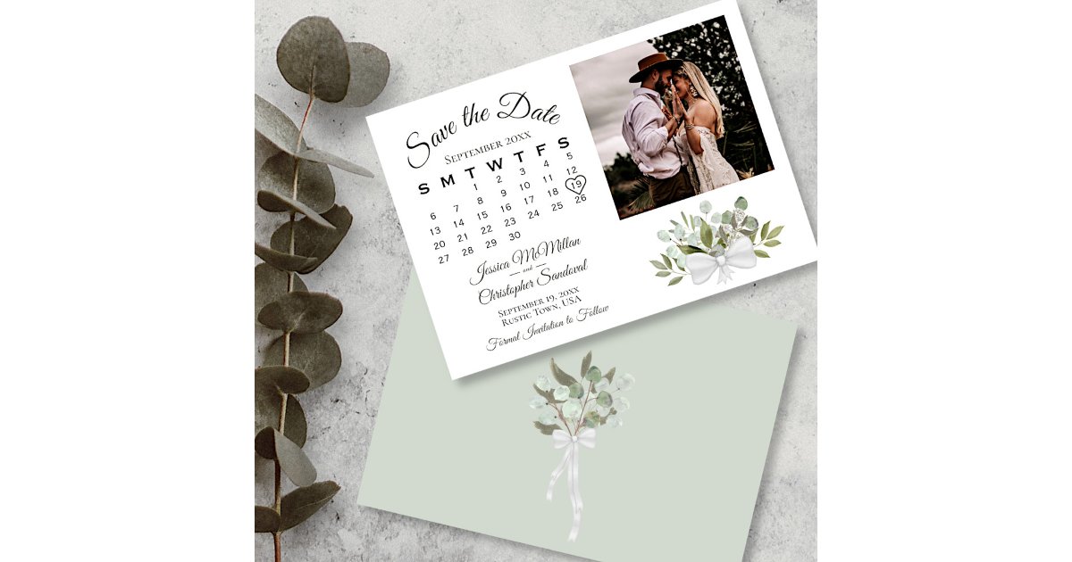 Rustic Eucalyptus Greenery Calendar Photo Wedding Save The Date | Zazzle