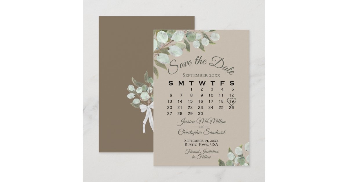 Rustic Eucalyptus Greenery Calendar Tan Wedding Save The Date | Zazzle