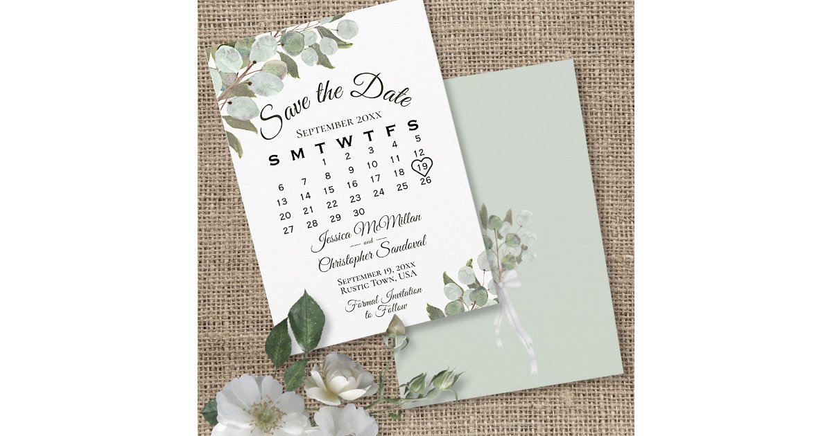 Rustic Eucalyptus Greenery Calendar White Wedding Save The Date | Zazzle