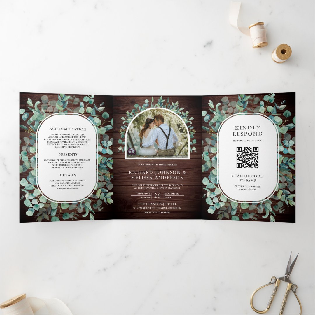 Rustic Eucalyptus Photo Barn Wood QR Code Wedding Tri-Fold Invitation ...