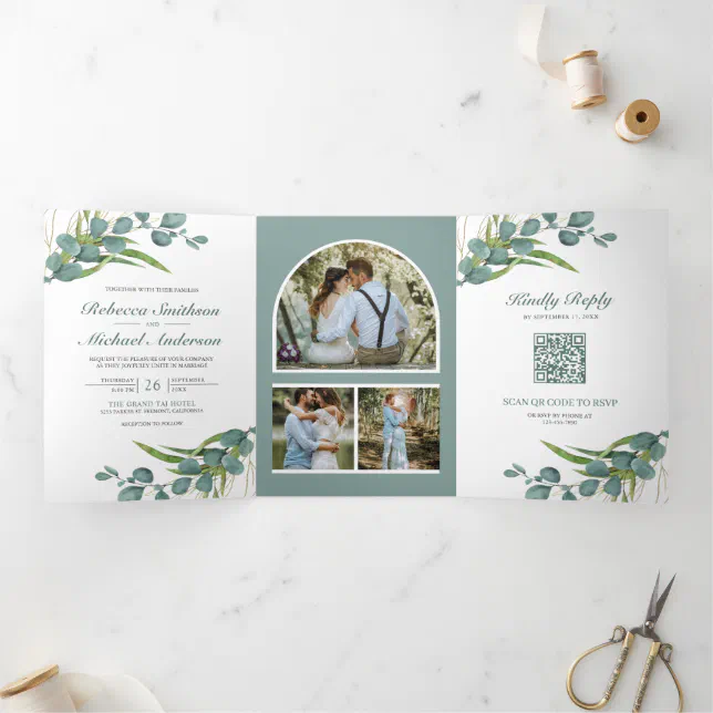 Rustic Eucalyptus Photo Collage QR Code Wedding Tri-Fold Invitation ...
