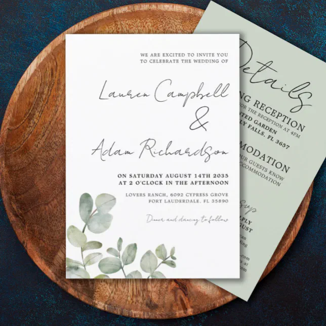 Rustic Eucalyptus Sage Green All In One Wedding Invitation | Zazzle