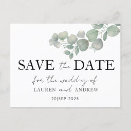 Rustic Eucalyptus Sage Green Save the Date Postcard | Zazzle