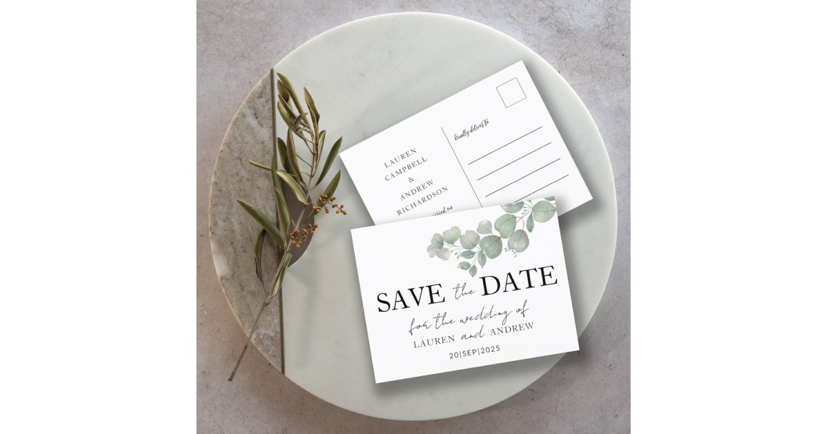 Rustic Eucalyptus Sage Green Save the Date Postcard | Zazzle