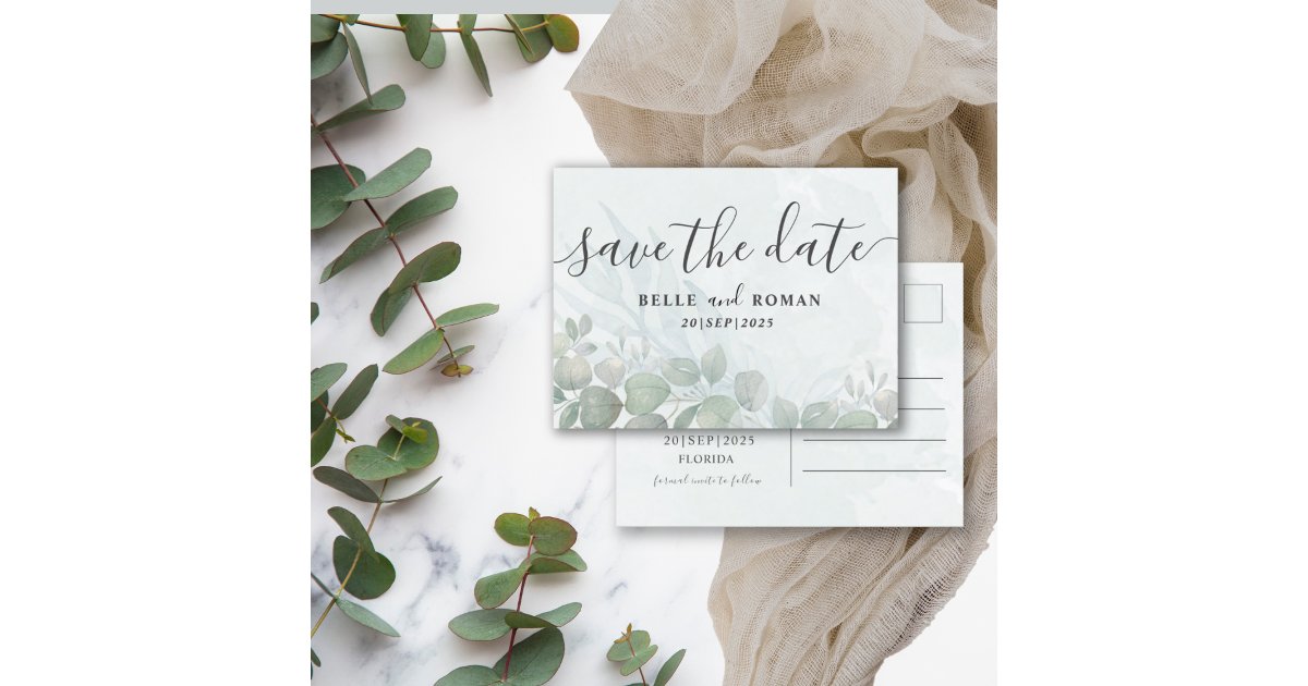 Rustic Eucalyptus Sage Green Save the Date Postcard | Zazzle