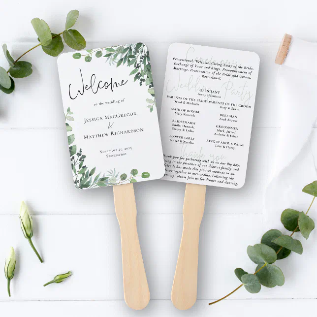 Rustic Eucalyptus Wedding Program Hand Fan | Zazzle