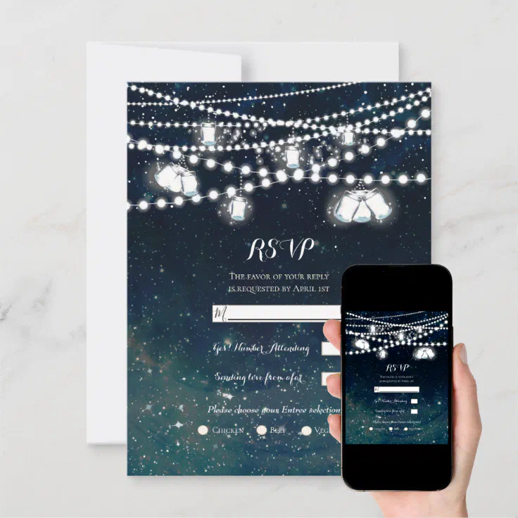Rustic Evening Sky Mason Jar Lights Wedding RSVP Invitation | Zazzle