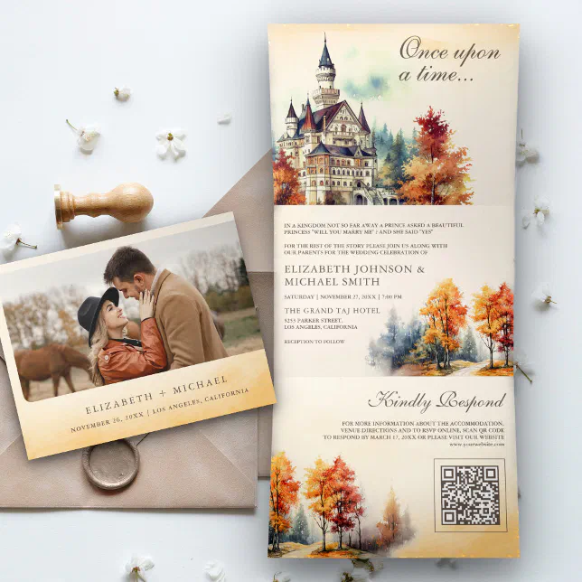 Rustic Fairytale Castle QR Code Story Book Wedding Tri-Fold Invitation ...