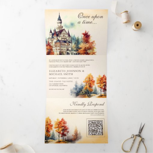 Rustic Fairytale Castle QR Code Story Book Wedding Tri-Fold Invitation ...