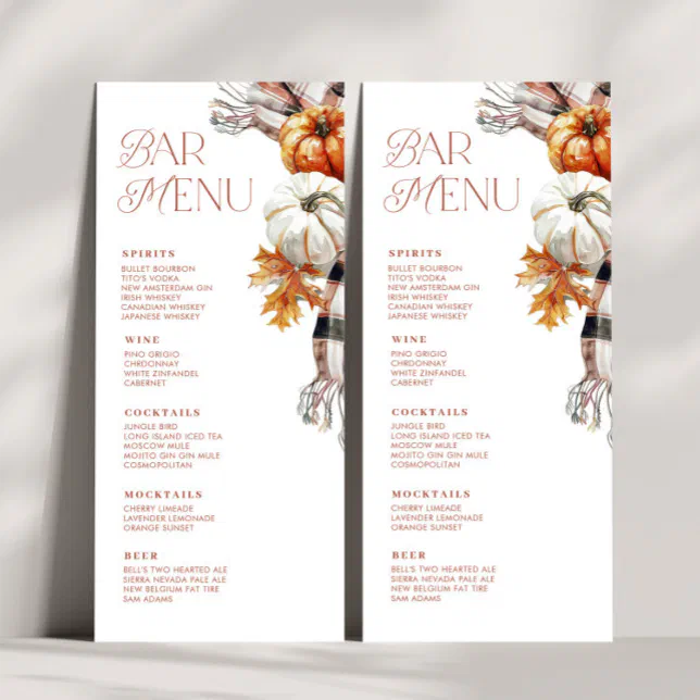 Rustic Fall 4x9 Bar Drink Menu | Zazzle
