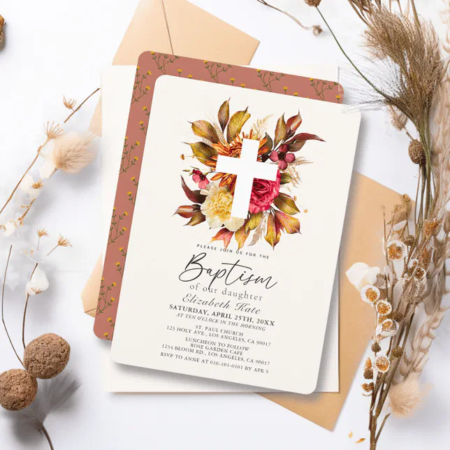 Rustic Fall Autumn Floral White Cross Baptism Invitation | Zazzle