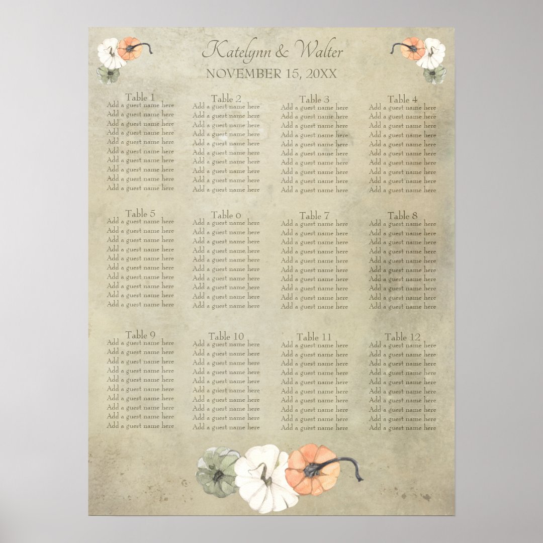 Rustic Fall Autumn Pumpkins Wedding Seating Chart | Zazzle