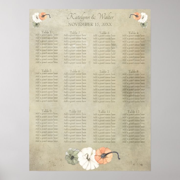 Rustic Fall Autumn Pumpkins Wedding Seating Chart | Zazzle