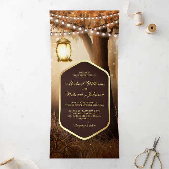 Rustic Fall Autumn Tree Lamp String Lights Wedding Tri-Fold Invitation ...