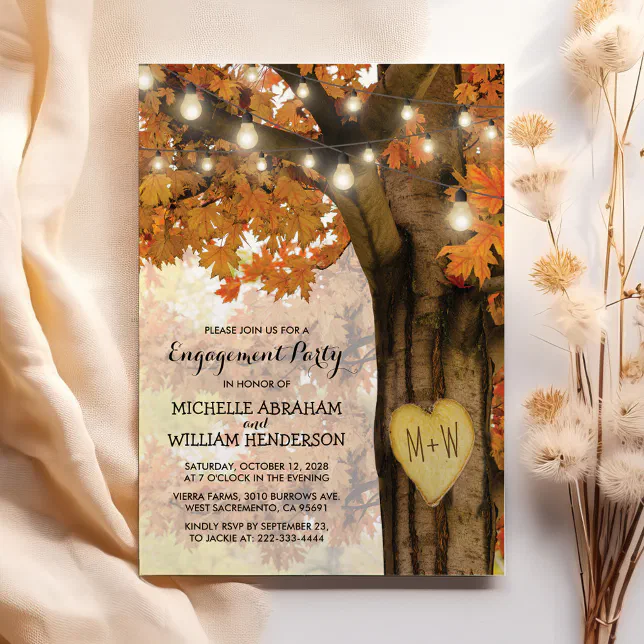 Rustic Fall Autumn Tree Lights Engagement Party Invitation | Zazzle