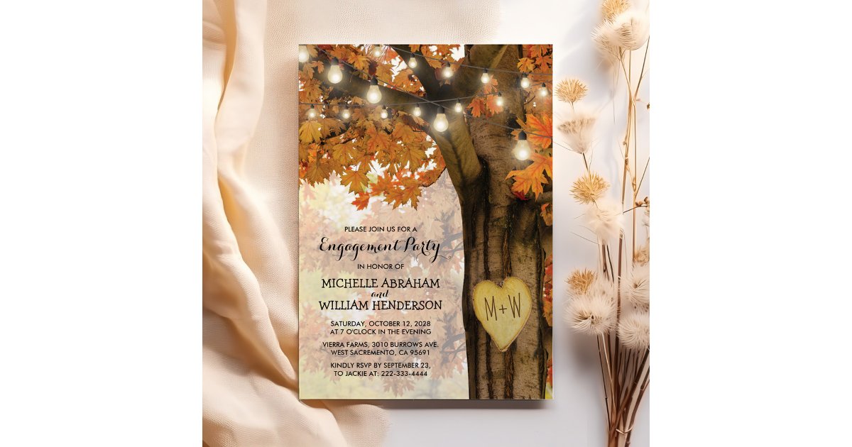 Rustic Fall Autumn Tree Lights Engagement Party Invitation | Zazzle