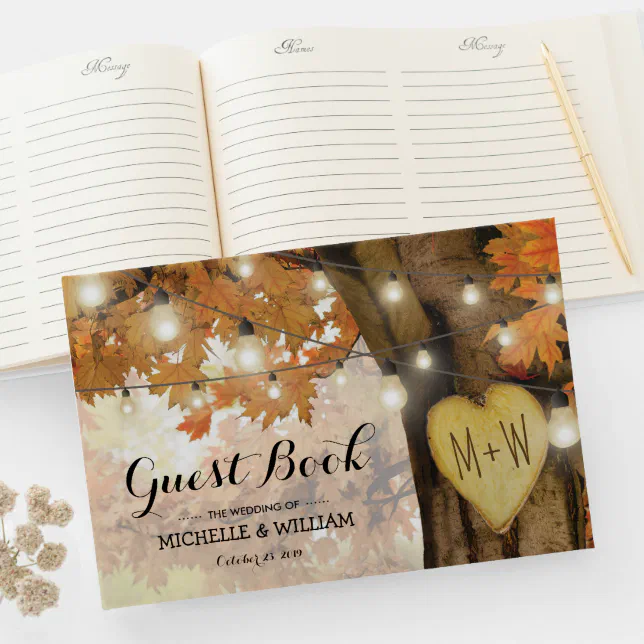 Rustic Fall Autumn Tree Twinkle Lights Wedding Guest Book | Zazzle