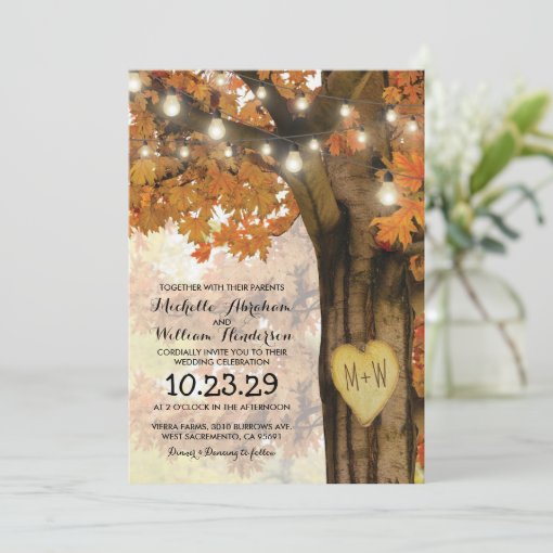 Rustic Fall Autumn Tree Twinkle Lights Wedding Invitation | Zazzle