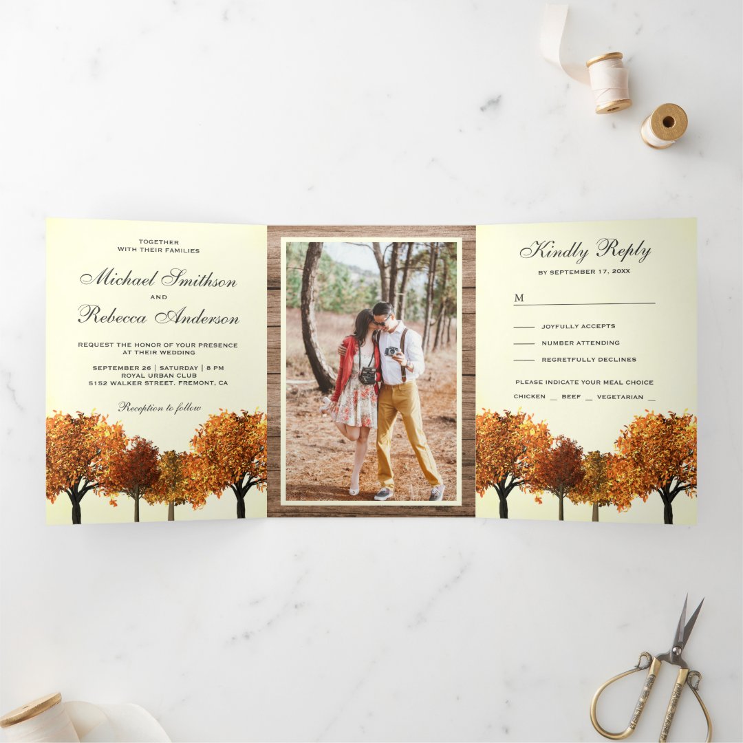 Rustic Fall Autumn Trees Forest Wedding Photo Tri-Fold Invitation | Zazzle