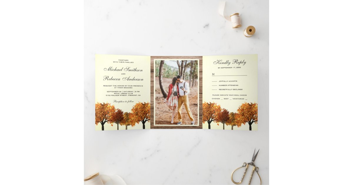 Rustic Fall Autumn Trees Forest Wedding Photo Tri-Fold Invitation | Zazzle