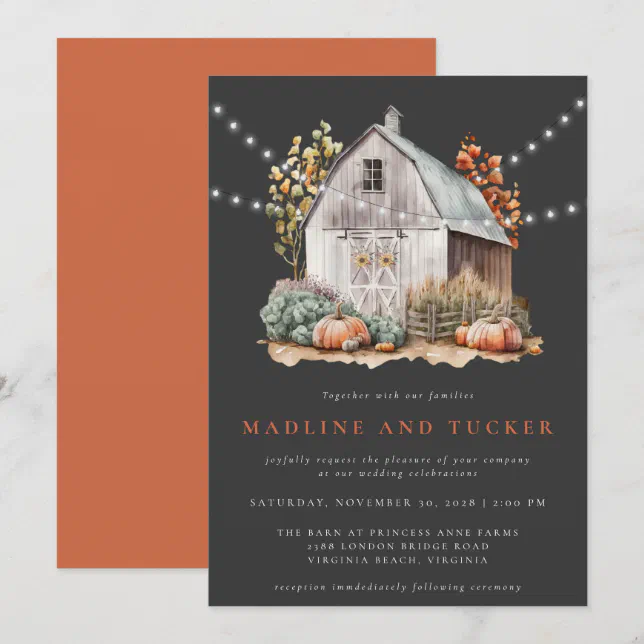 Rustic Fall Country Barn String Lights Wedding Invitation | Zazzle