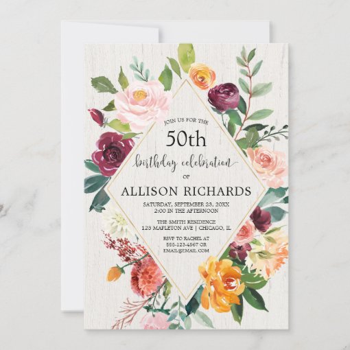 Rustic fall floral adult birthday, fall autumn invitation | Zazzle