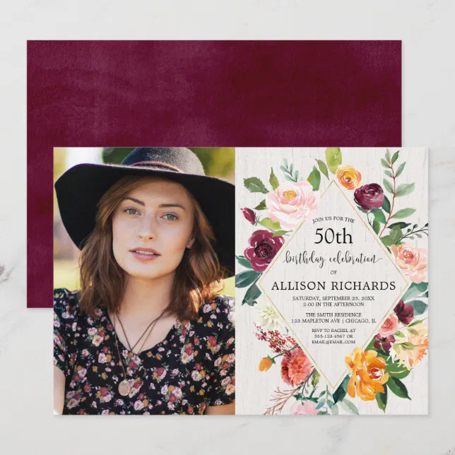 Rustic fall floral adult birthday photo invitation | Zazzle