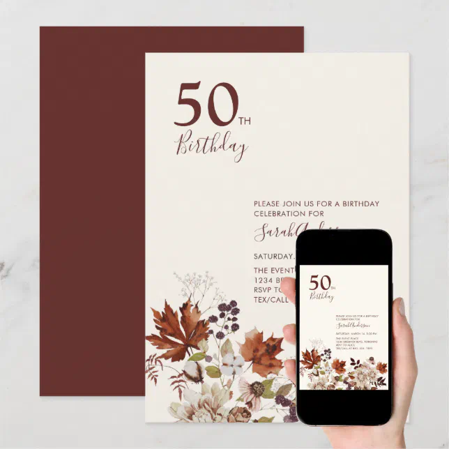 Rustic Fall Floral Adult Milestone Birthday Party Invitation | Zazzle